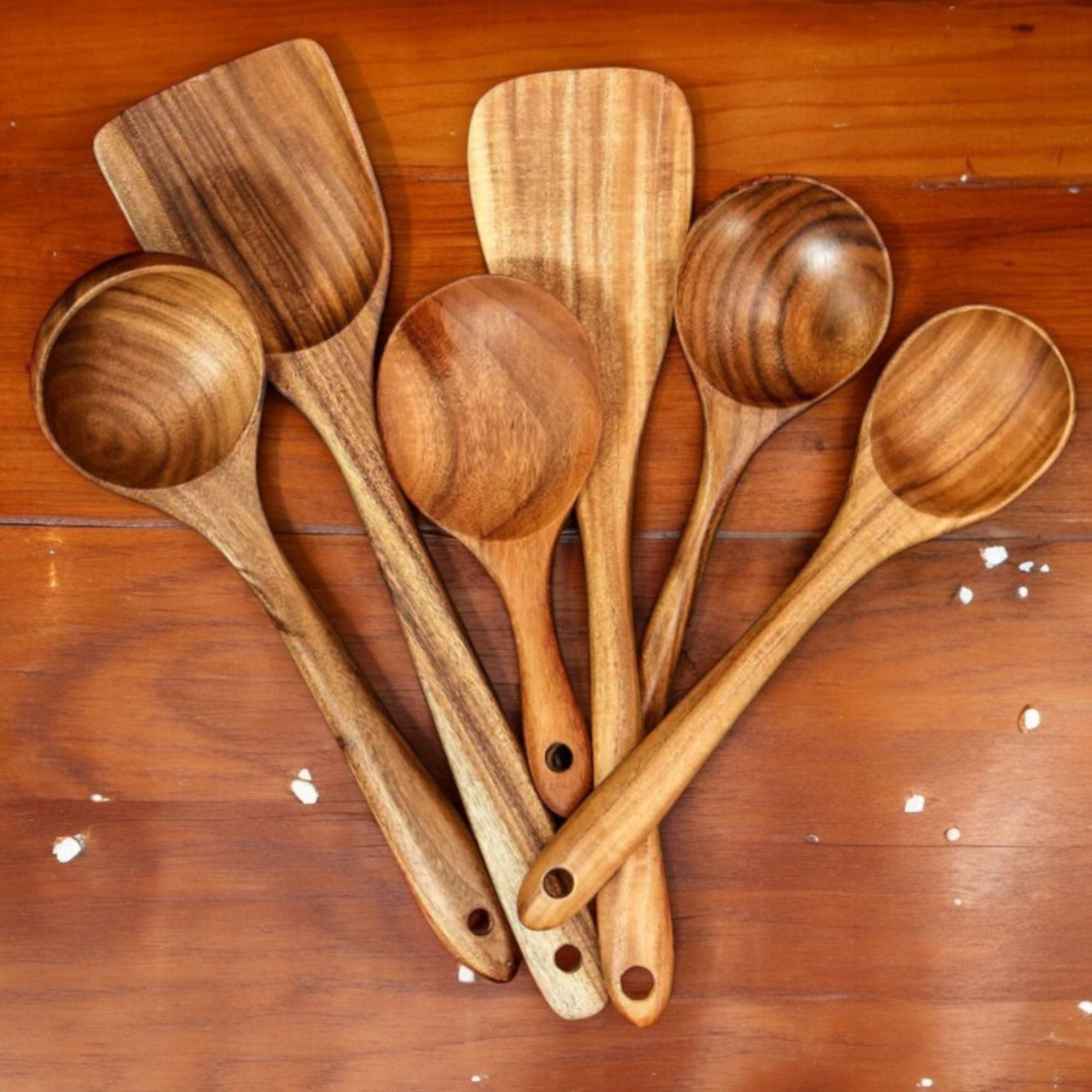 Natural Teak Wood Kitchen Utensils | Traditional utensils set of 7 woo ...